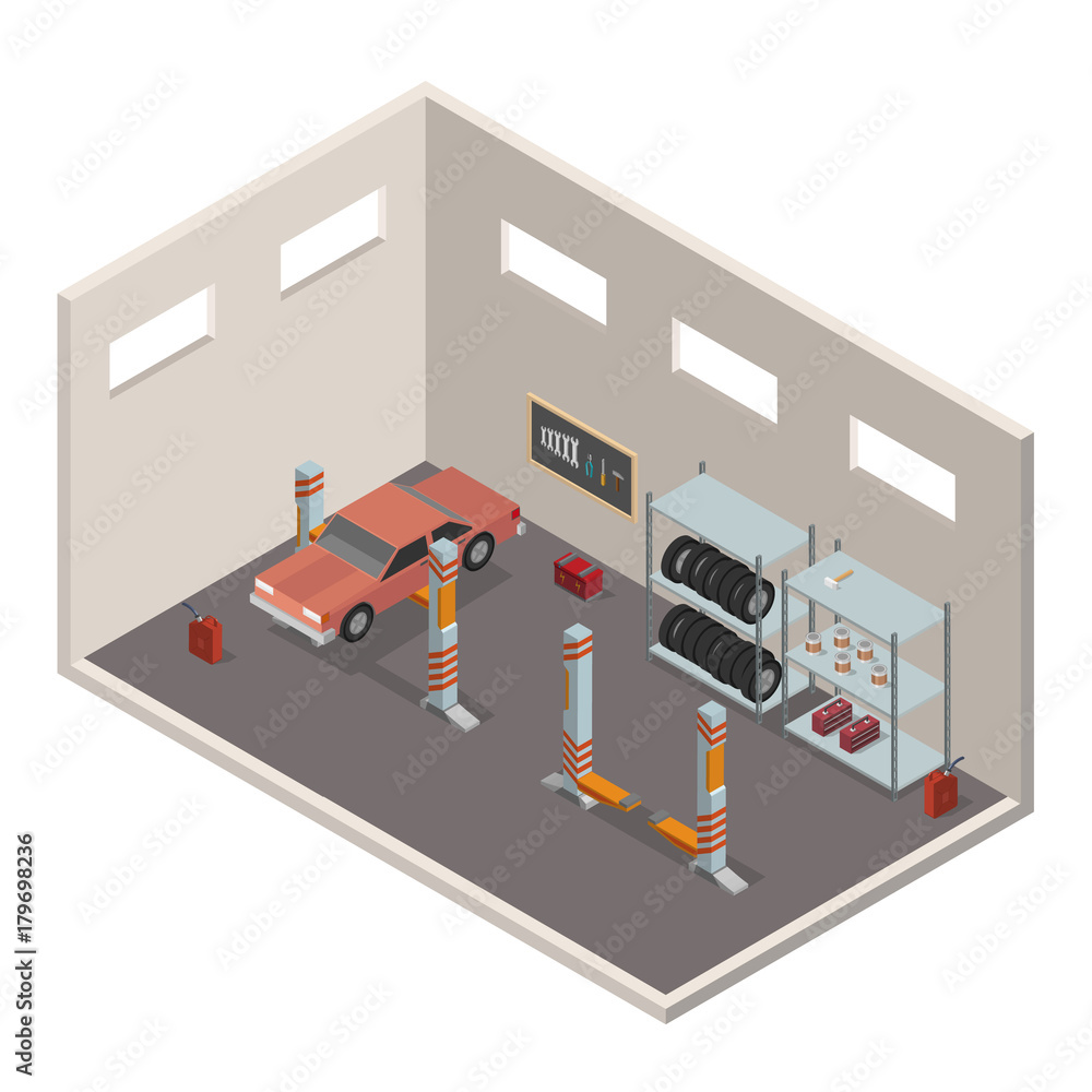 Isometric Center Mechanical car service with repair Check Up vehicles ...