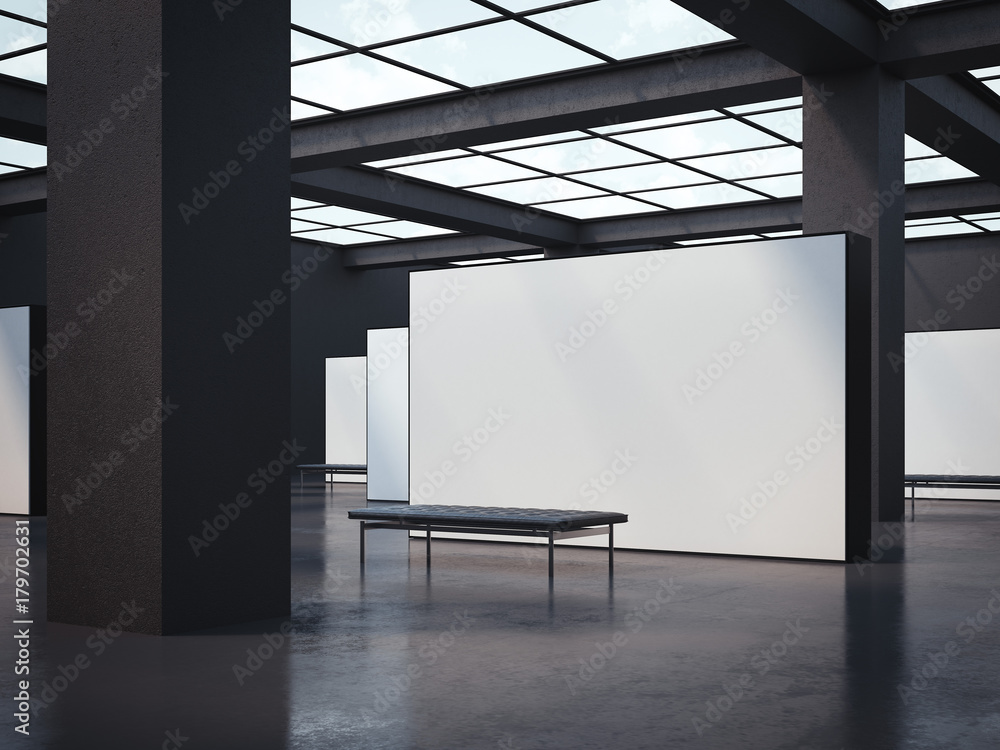 Bright exhibition hall with walls and large windows in the ceiling. 3d ...