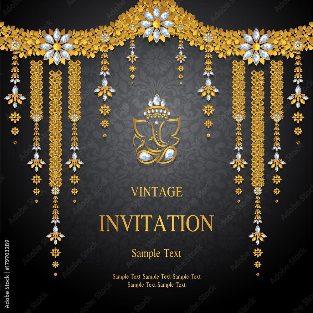 Wedding Invitation card templates with gold patterned and crystals on ...
