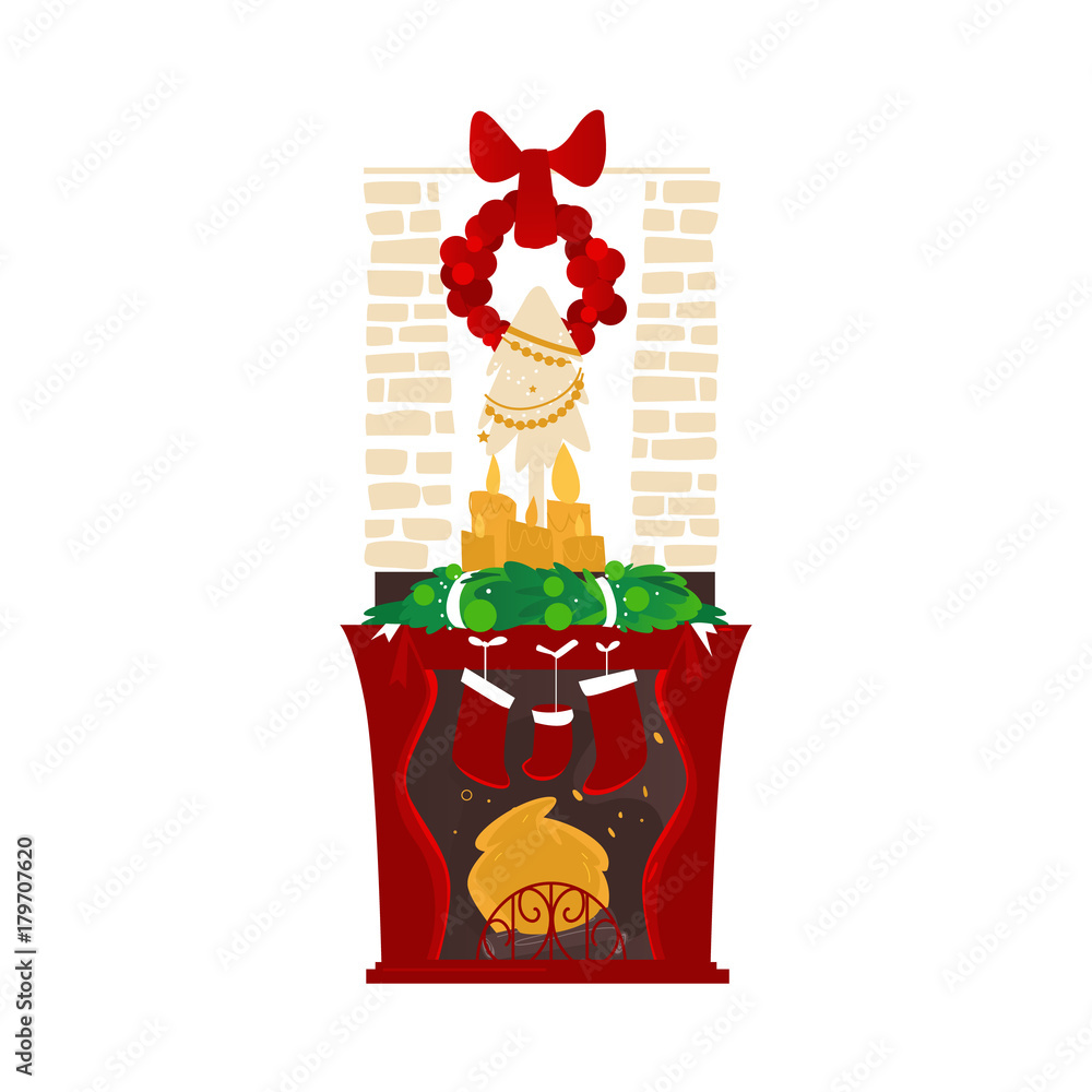 vector cartoon stylized christmas holiday fireplace decorated with ...