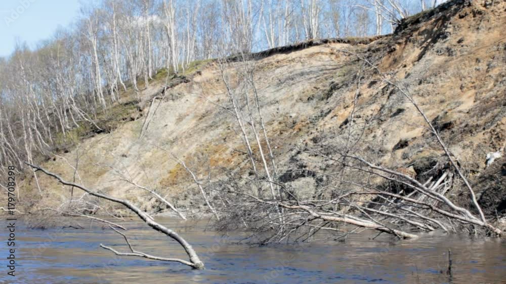 Water erosion of riverbanks and loss of forests. River washed away ...
