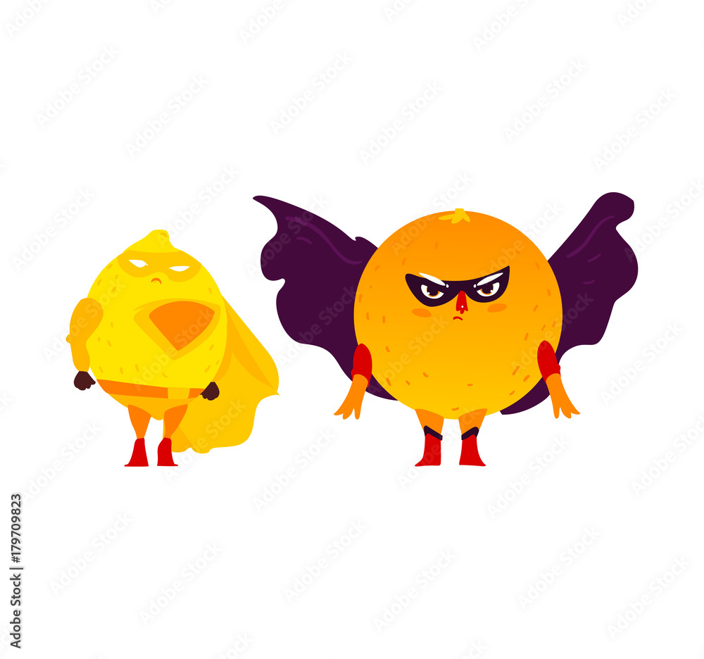 Stockvector Funny orange and lemon fruit hero, superhero characters ...