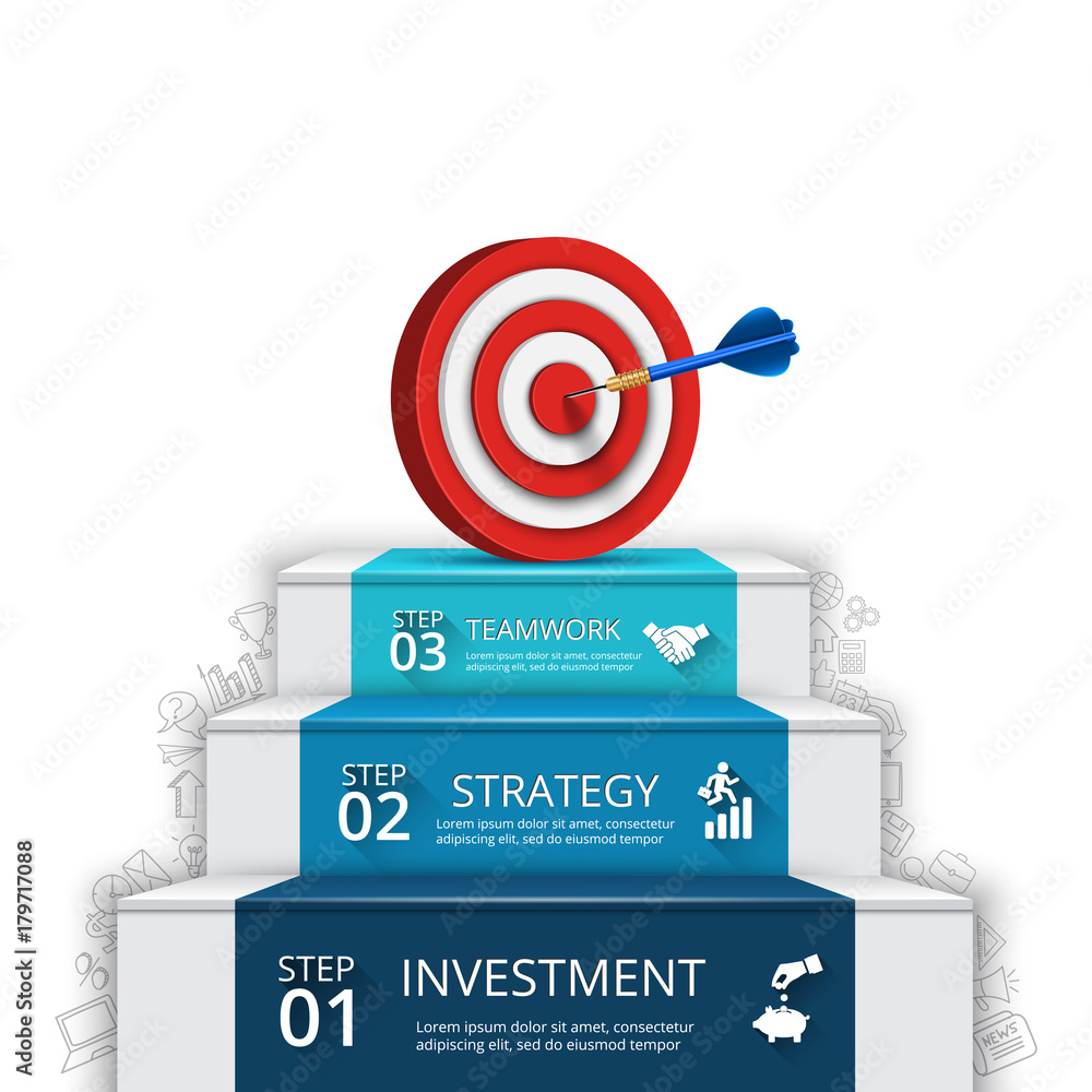 Vector illustration of 3 steps to success with target and dart. Can be ...