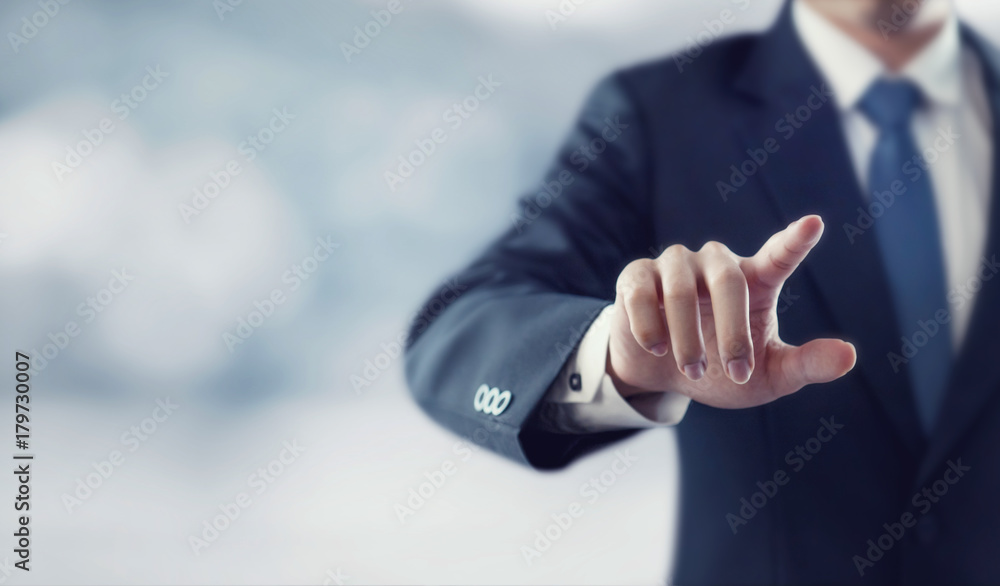 Businessman hand touching virtual screen, modern background concept ...