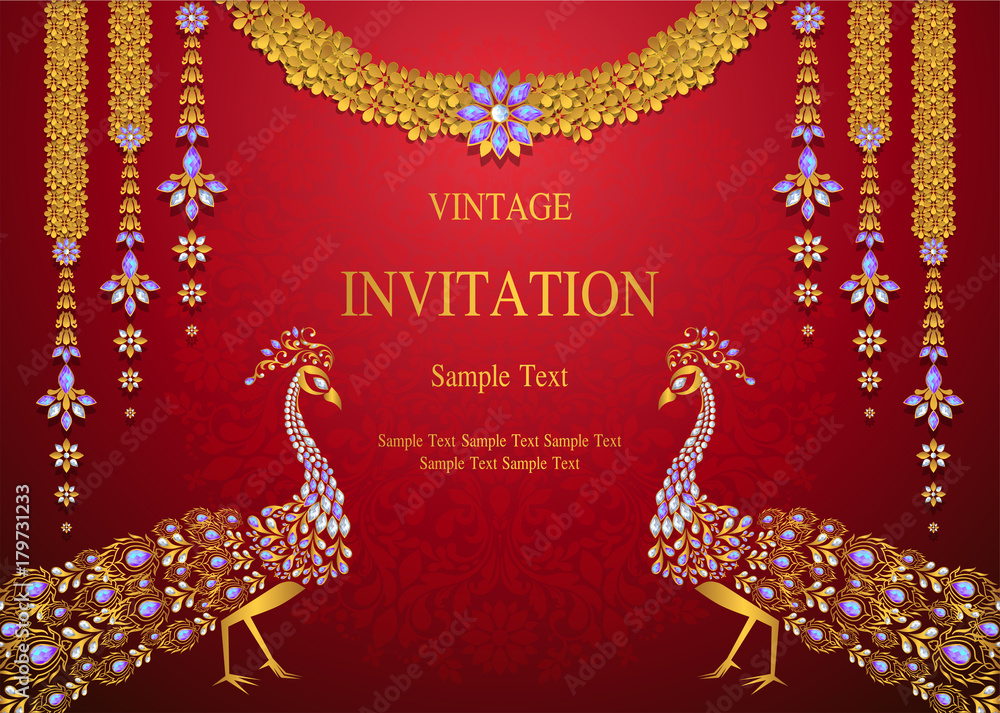Wedding Invitation card templates with gold patterned and crystals on ...