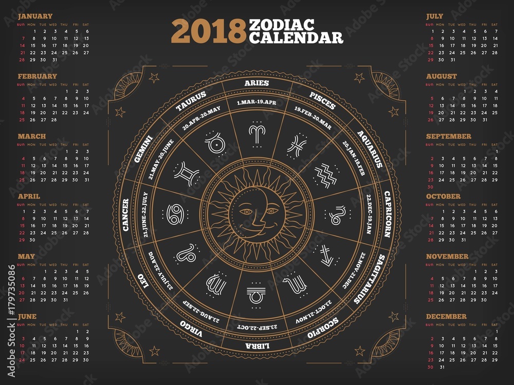 Zodiac circle 2018 year calendar poster vector illustration Stock ...