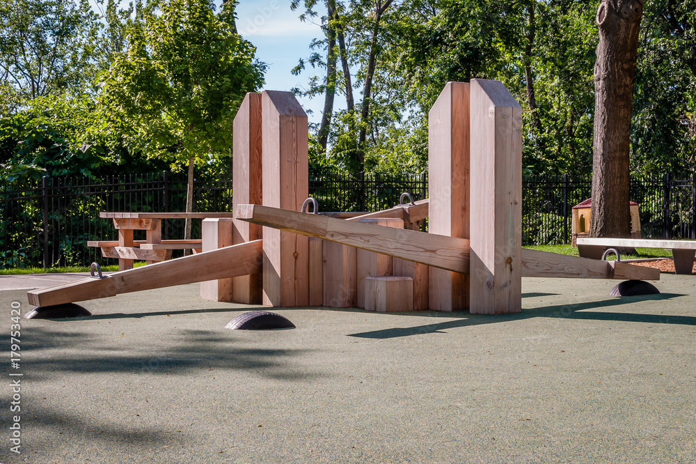 Modern abstract childrens playground. Wooden kids play area. Wooden ...