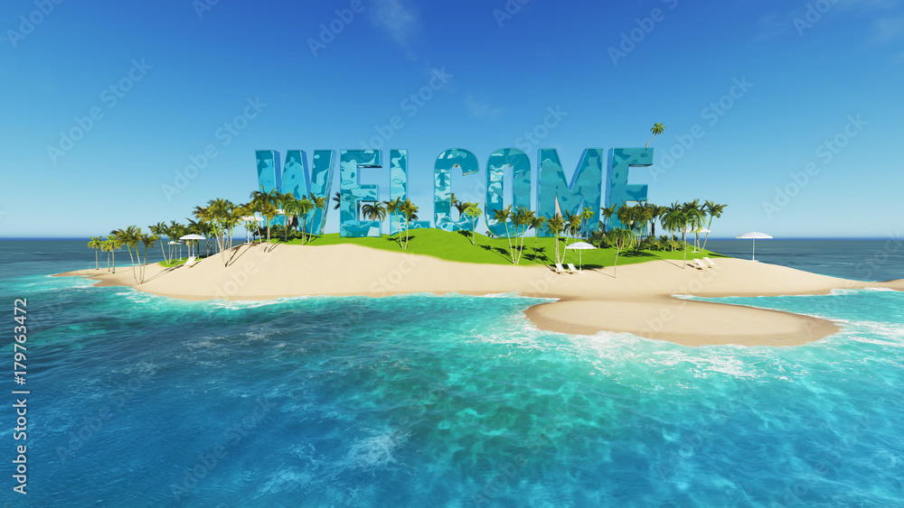 render word welcome made of sand on tropical paradise island with palm ...