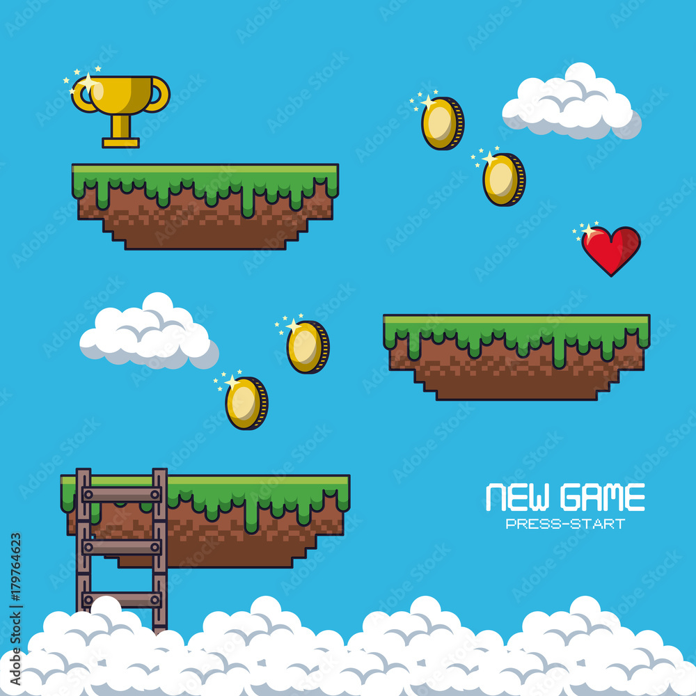 pixelated game scenery icons vector illustration graphic design Stock ...