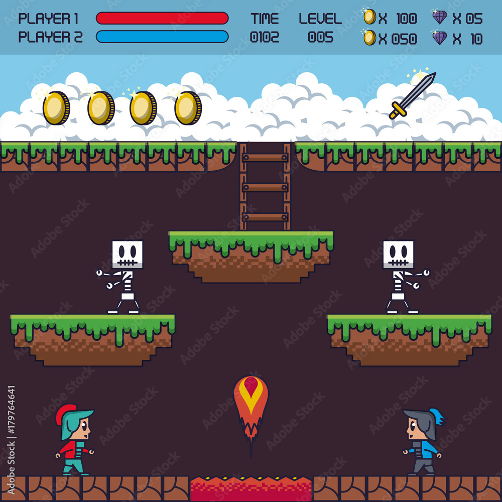 pixelated game scenery icons vector illustration graphic design Stock ...