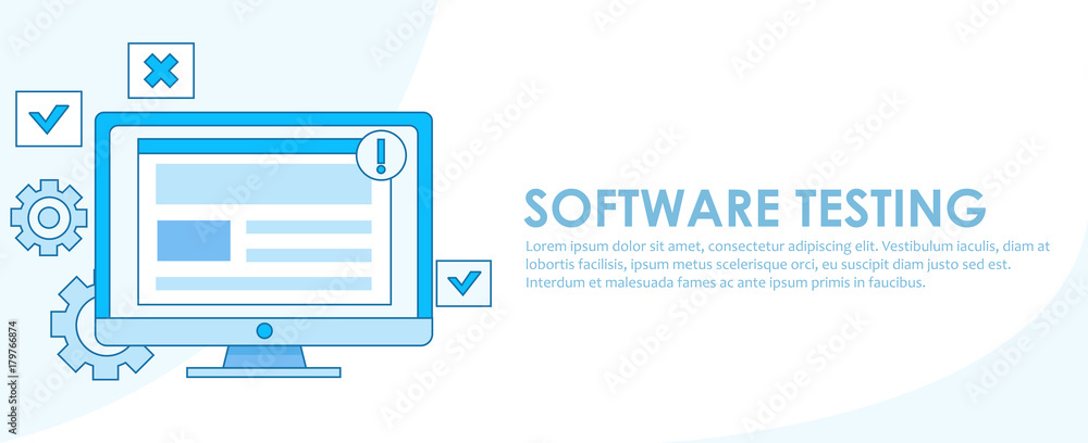 Software testing banner. A computer with a test site window and ...