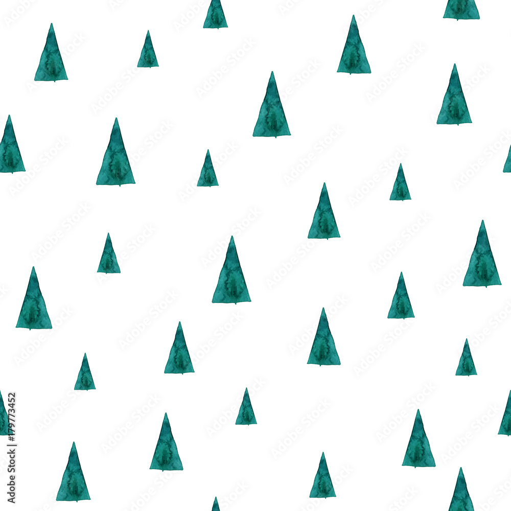Seamless watercolor forest pattern. Green trees on white background ...
