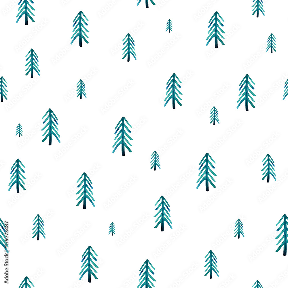 Seamless watercolor forest pattern. Green trees on white background ...