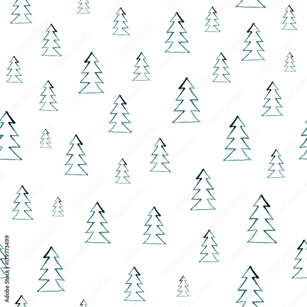Seamless watercolor forest pattern. Green trees on white background ...
