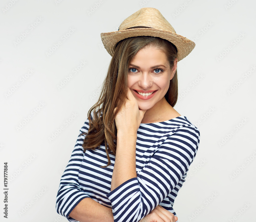 Close up face beauty portrait of smiling woman wearing hat. Stock Photo ...