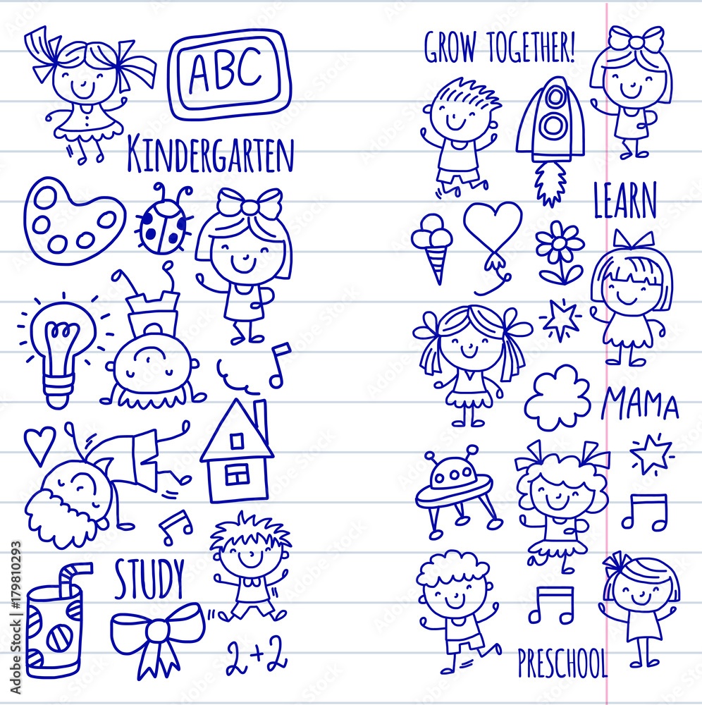 Kids drawing Kindergarten School Happy children play Illustration for ...