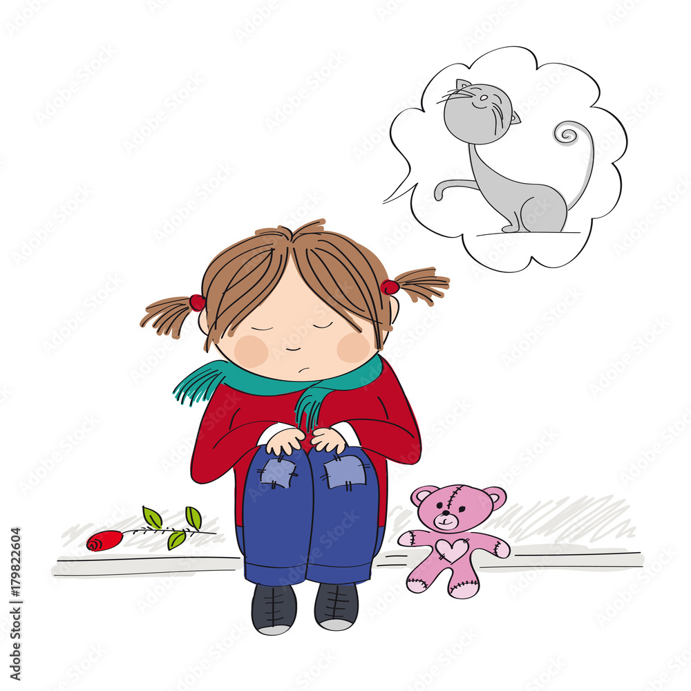 Sad and alone little girl sitting on the pavement, crying and ...