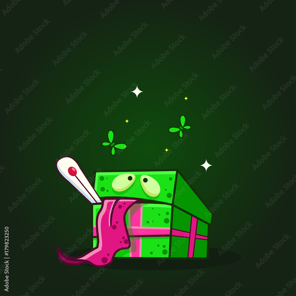 Vector color illustration of cartoon sickness gift box on dark ...