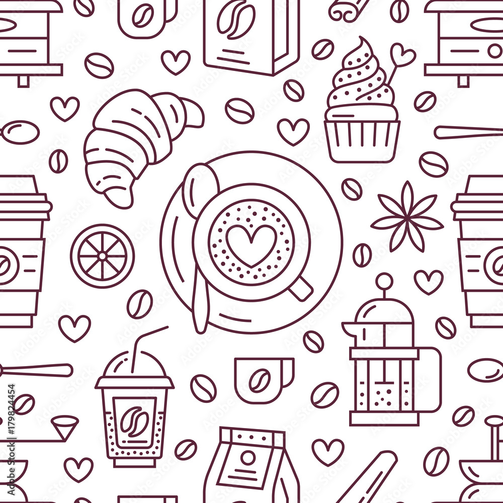 Seamless pattern of coffee, vector background. Cute beverages, hot ...