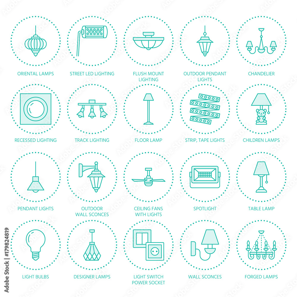 Light fixture, lamps flat line icons. Home and outdoor lighting ...