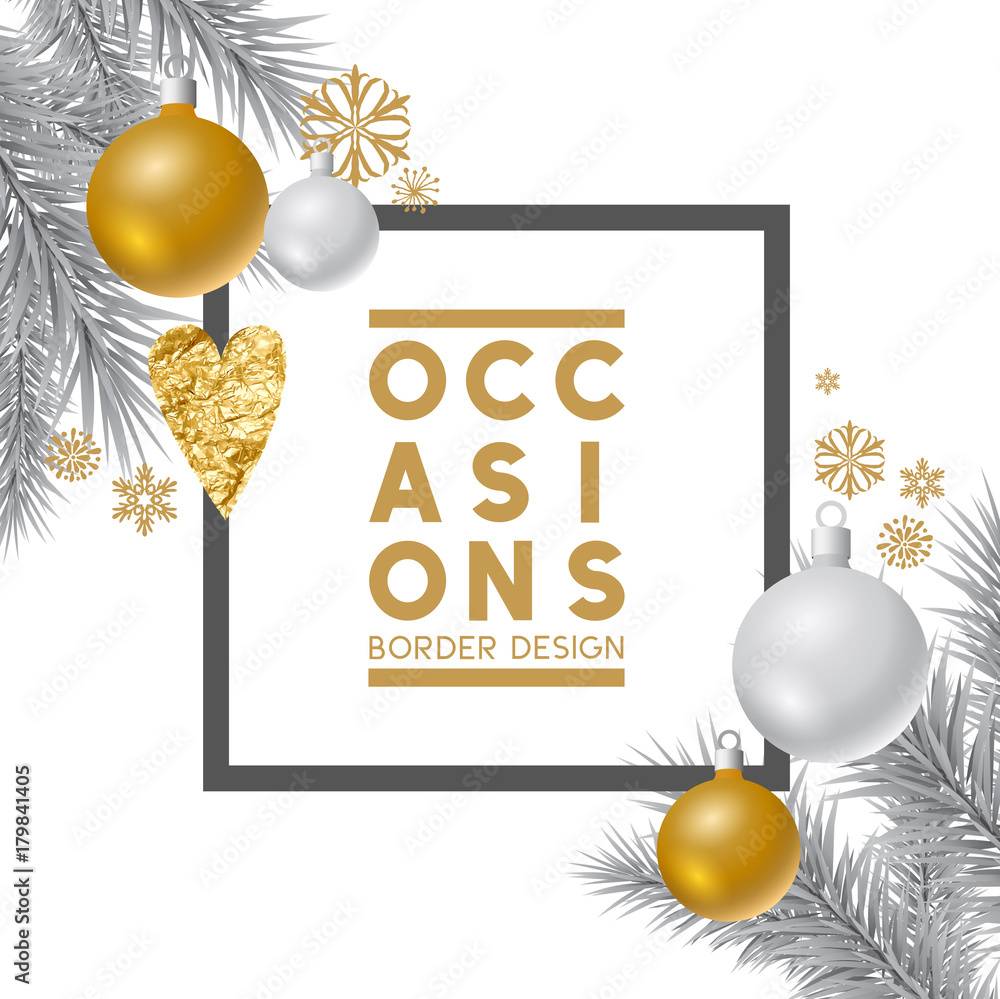Silver and gold Christmas ornaments composition border frame with room ...
