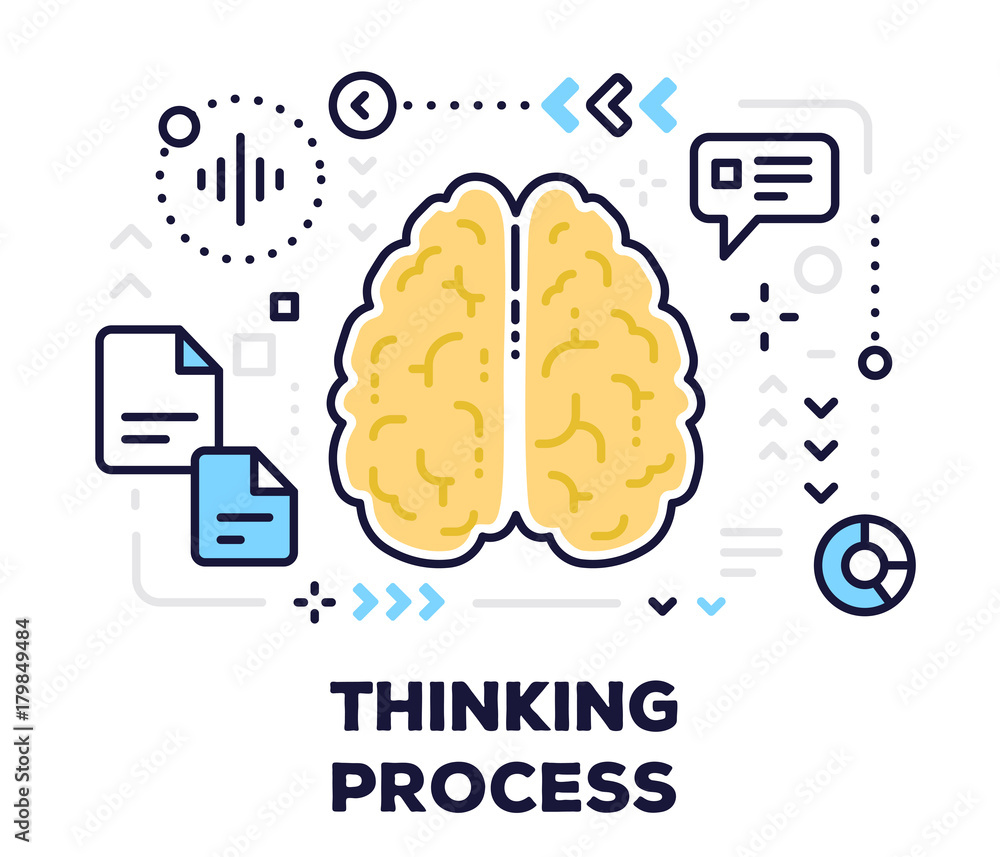 Thinking concept with human brain and text on white background. Vector ...