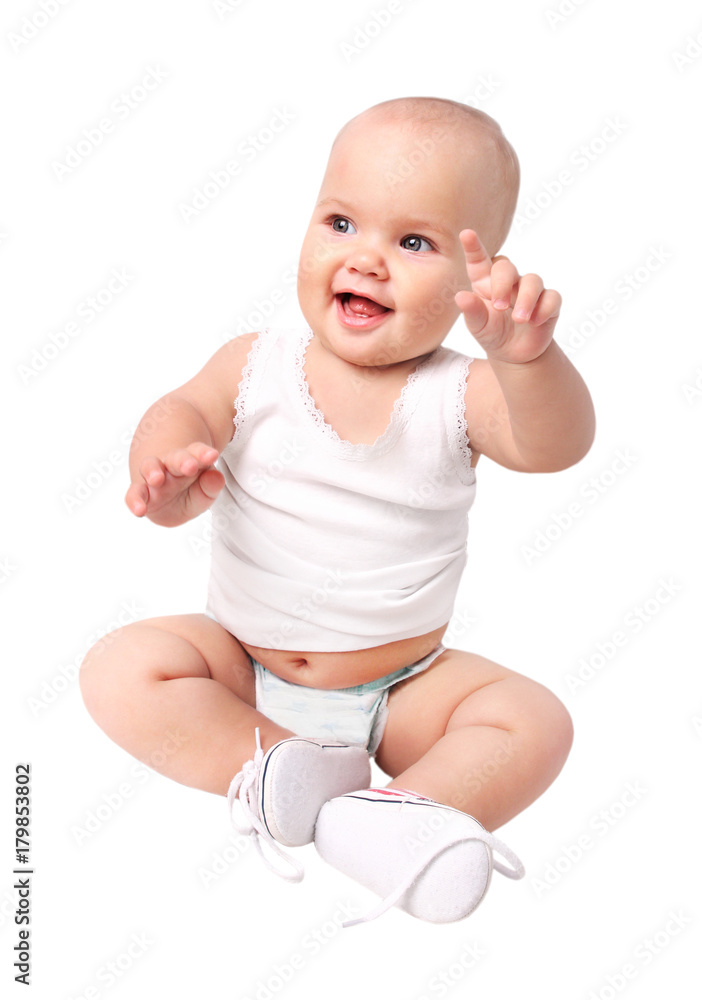 Baby pointing with finger isolated. Stock-Foto | Adobe Stock