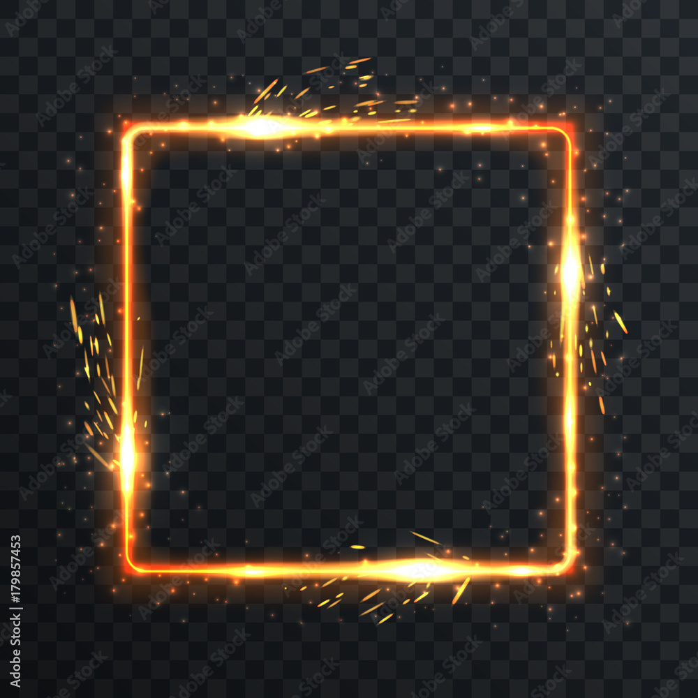 Realistic square light fire flame frame with firework sparkles, vector ...