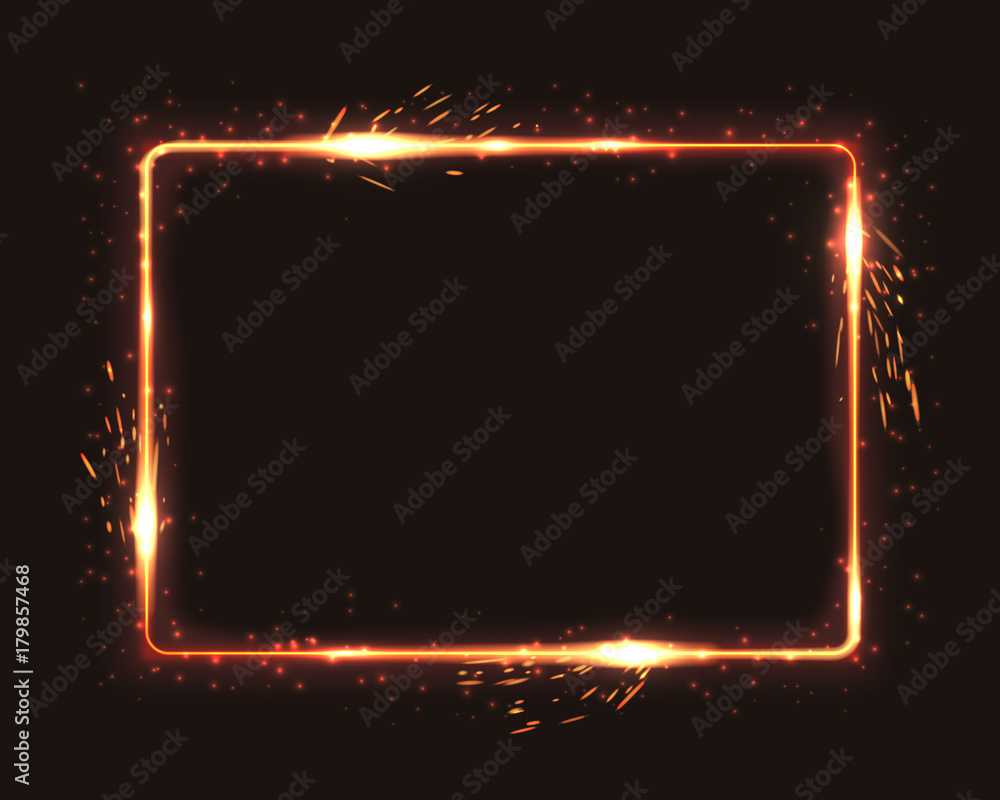 Realistic square light fire flame frame with firework sparkles, vector ...