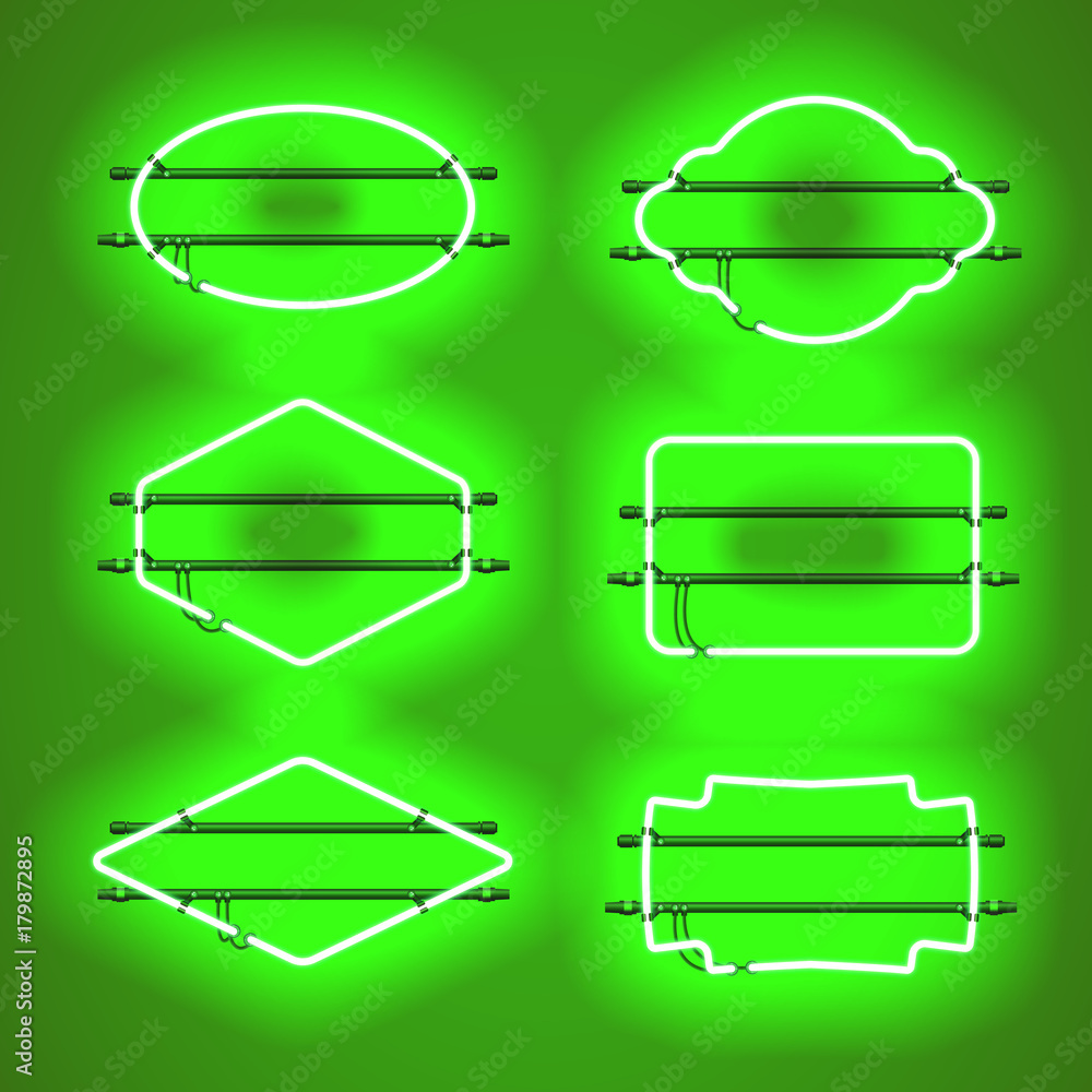 Set of realistic glowing green neon frames isolated on transparent ...