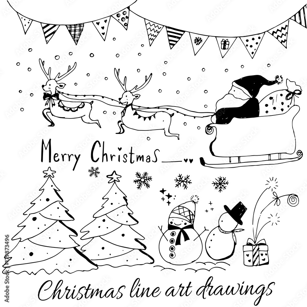 Hand drawn doodle vector. Christmas line art drawings in black. tree ...