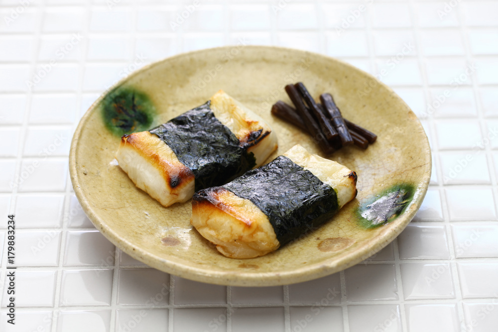 Isobeyaki, grilled mochi (japanese rice cake) wrapped in nori (seaweed ...