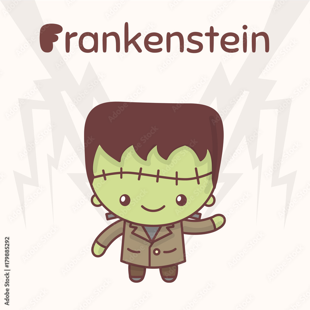 Cute chibi kawaii characters Halloween set. Merry Frankenstein against ...