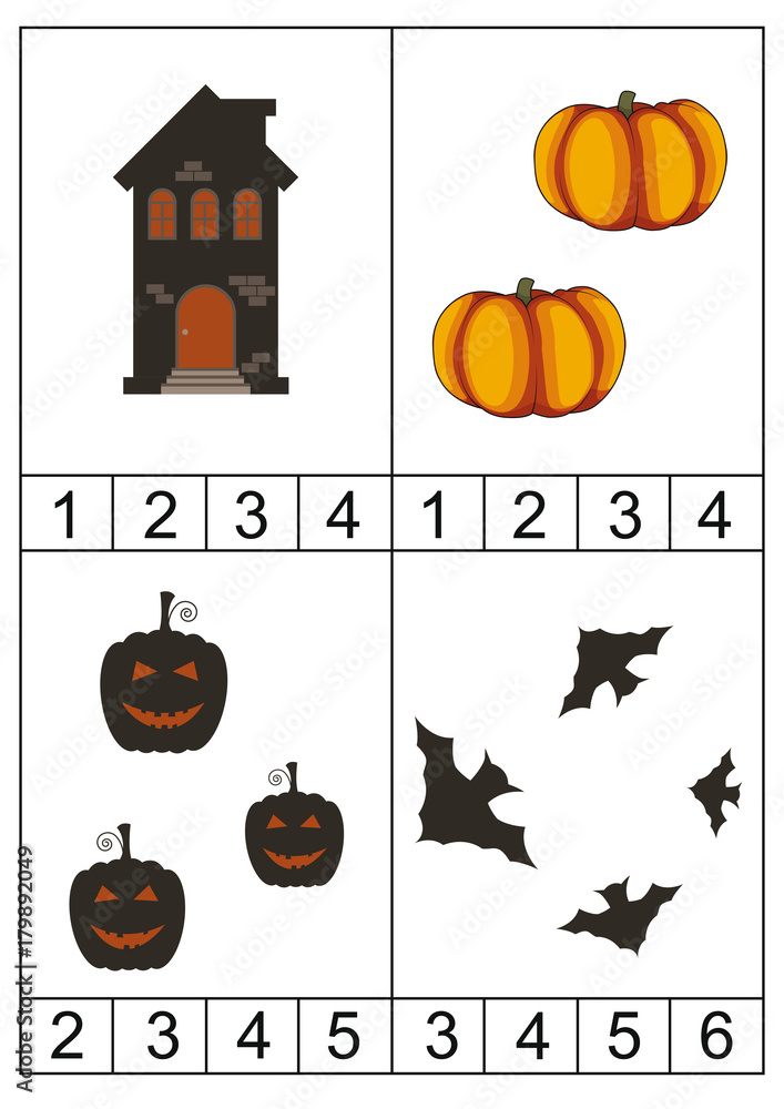 Halloween count game for kids. Vector illustrations. Characters in ...