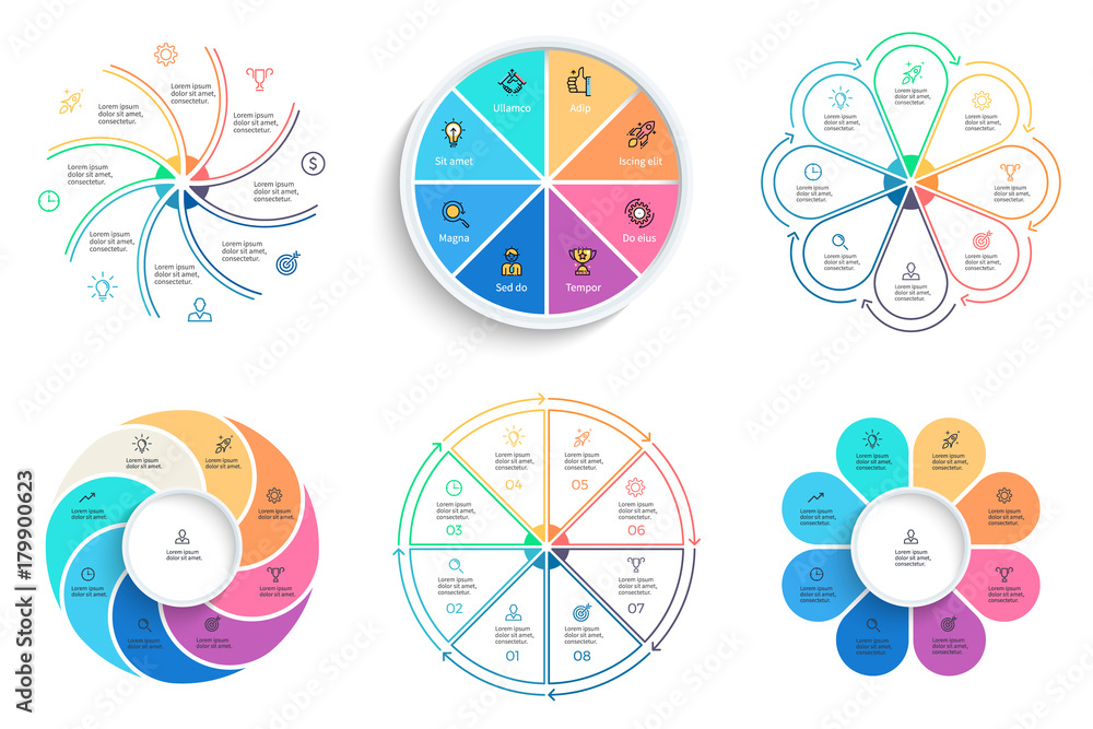 Business infographics. Pie charts with 8 steps, options. Vector ...