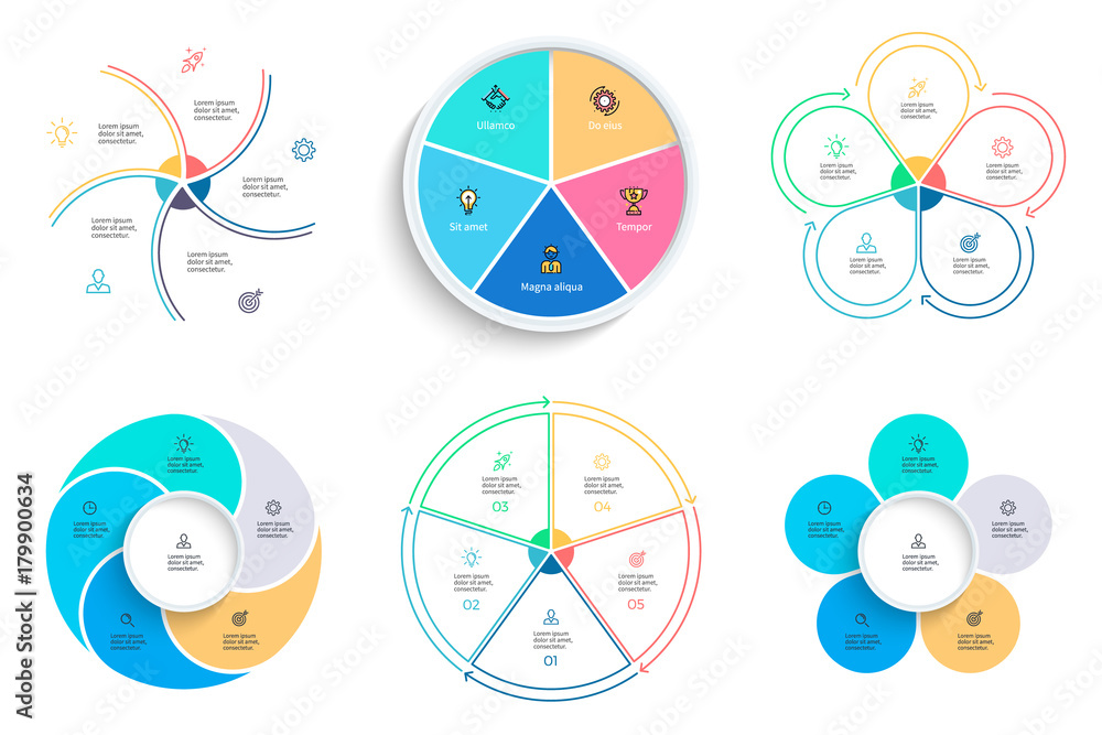 Business infographics. Pie charts with 5 steps, options. Vector ...