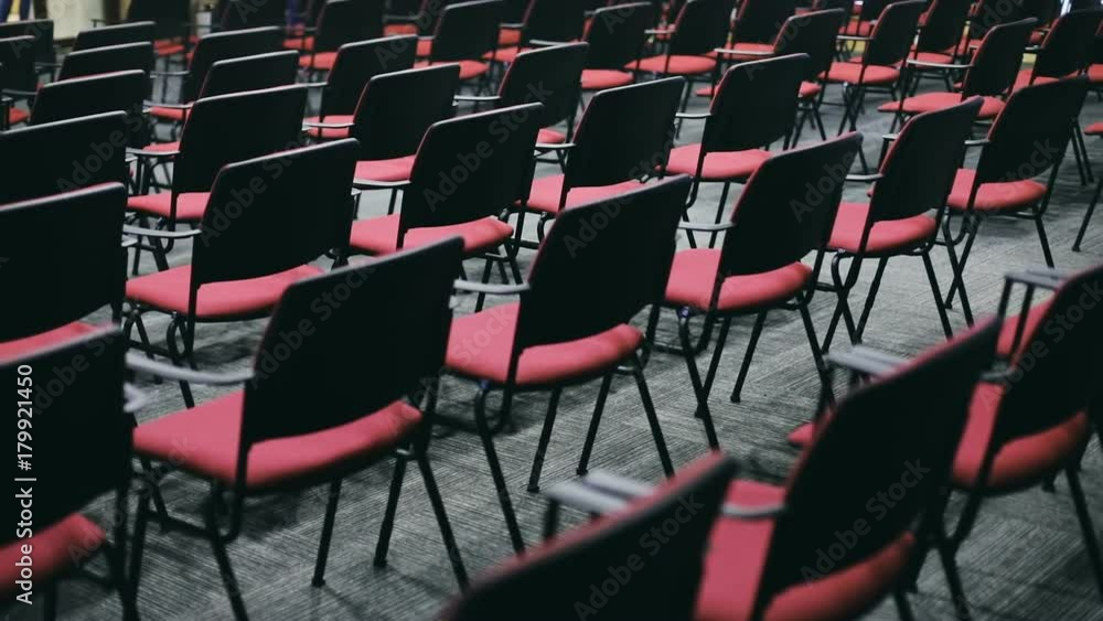 empty rented conference hall red chairs seats vacant place back view ...