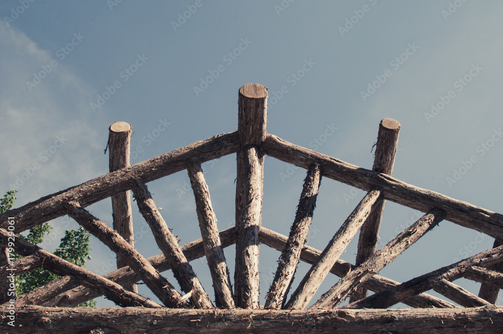Abstract outdoor wooden canopy roof structure. Roof wood stick design ...