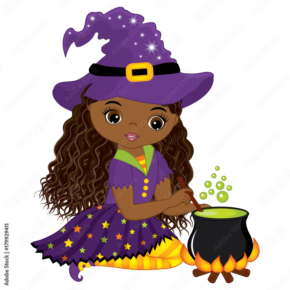 Vector Cute Little African American Witch Cooking Magic Potion in ...