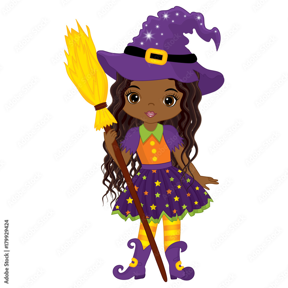 Vector Cute Little African American Witch with Broomstick Stock Vector ...