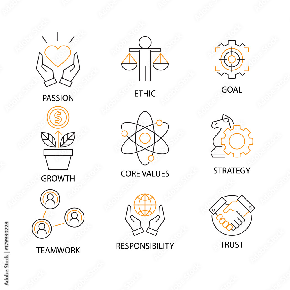 Modern Flat thin line Icon Set in Concept of Business Core Values with ...