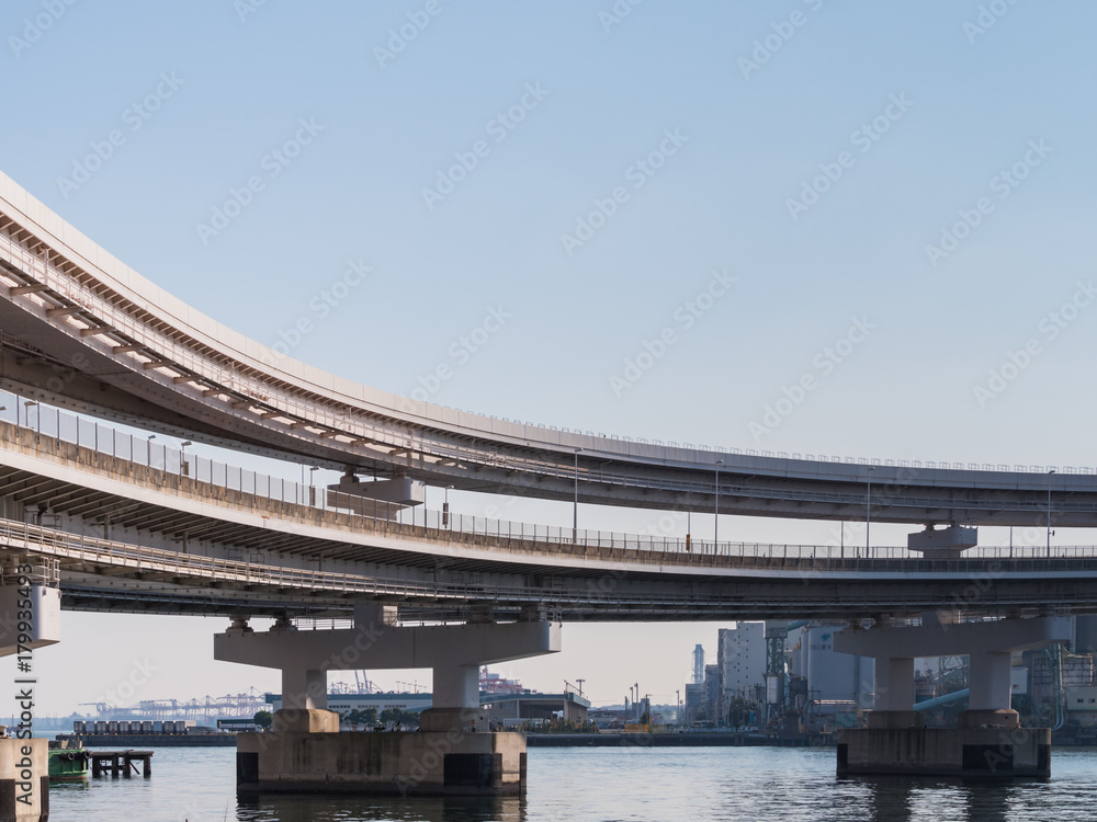 Tokyo bay with rainbow bridge closeup in Japan. Rainbow Bridge is a ...