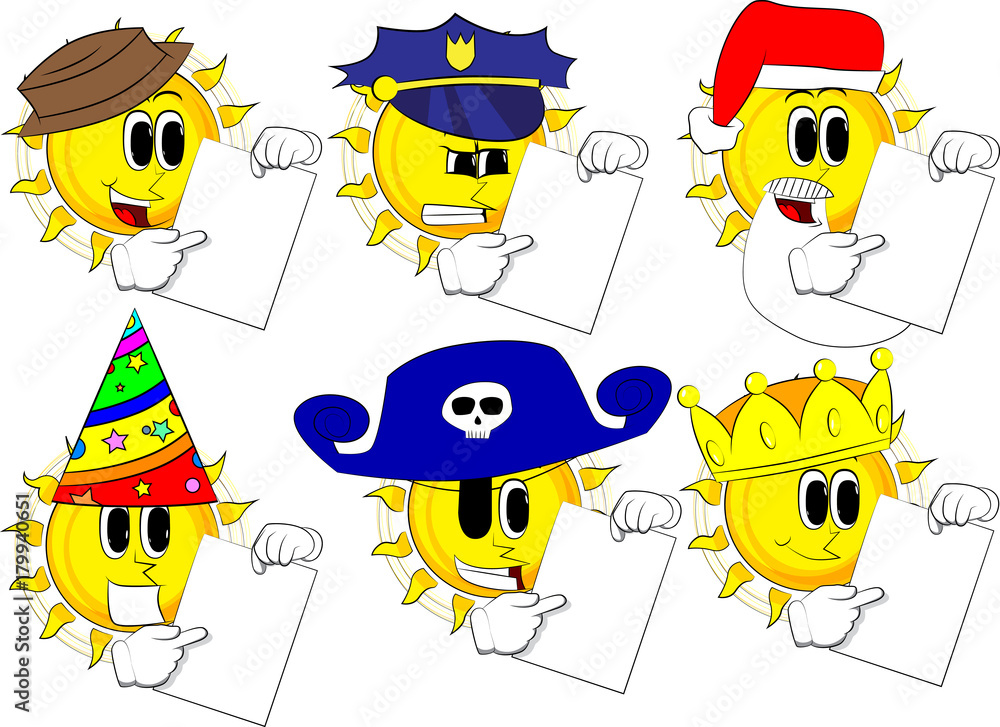 Cartoon sun holding white paper and pointing at it. Collection with ...