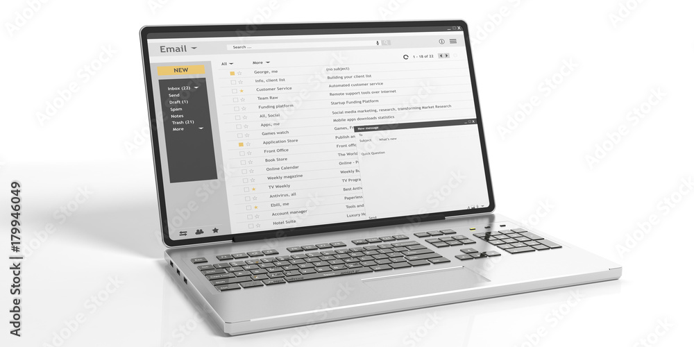 Emails on a laptop screen isolated on white background. 3d illustration ...