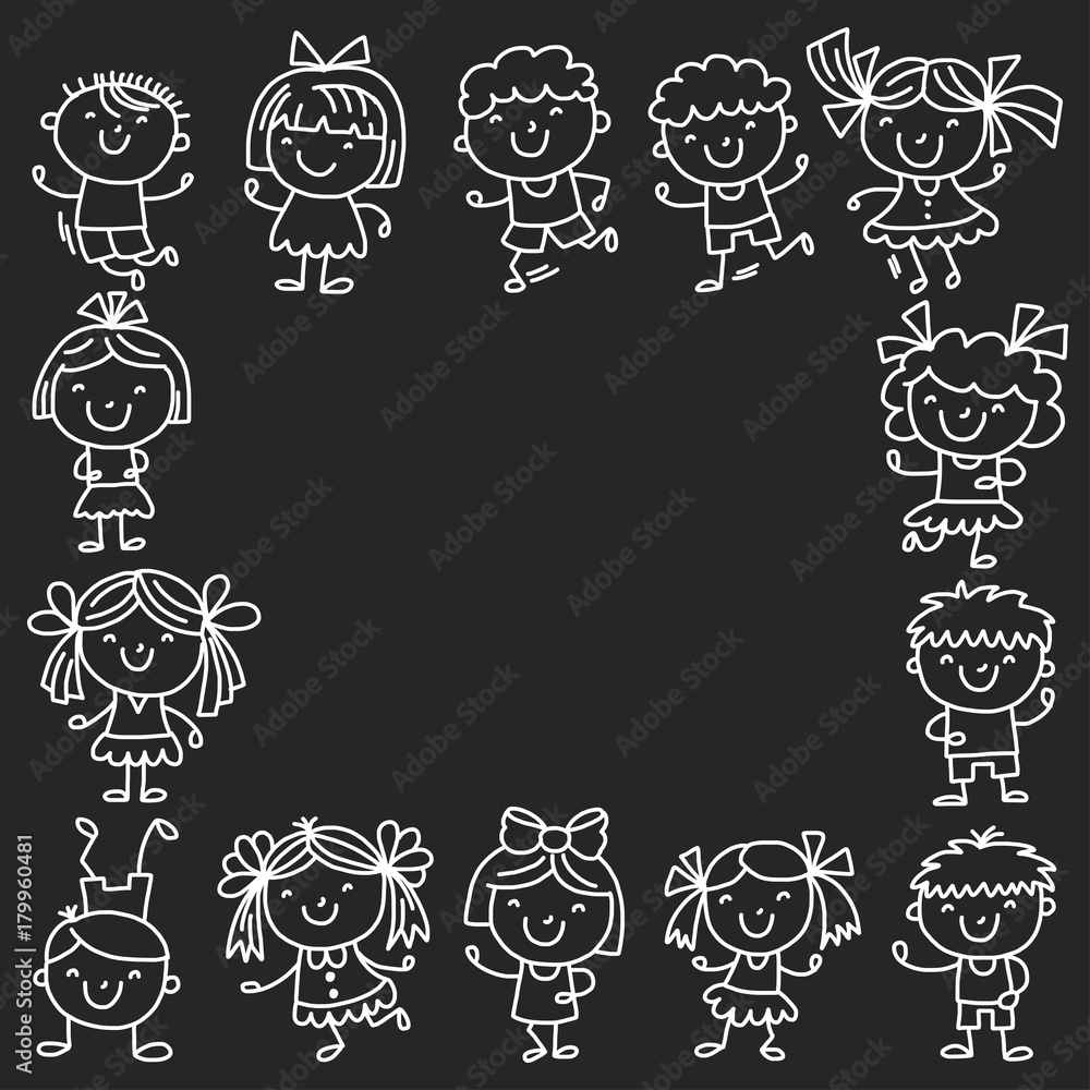 Frame with kids School, kindergarten. Happy children. Creativity ...