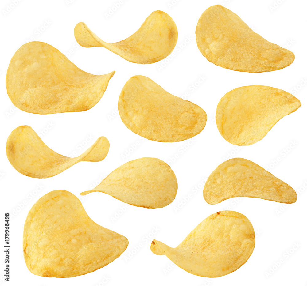 Chips collection. Potato chips in different position and angle isolated ...