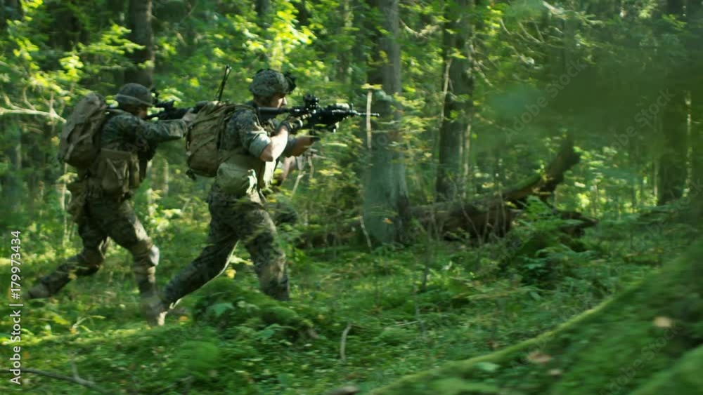 Squad of Five Fully Equipped Soldiers in Camouflage on a Reconnaissance ...