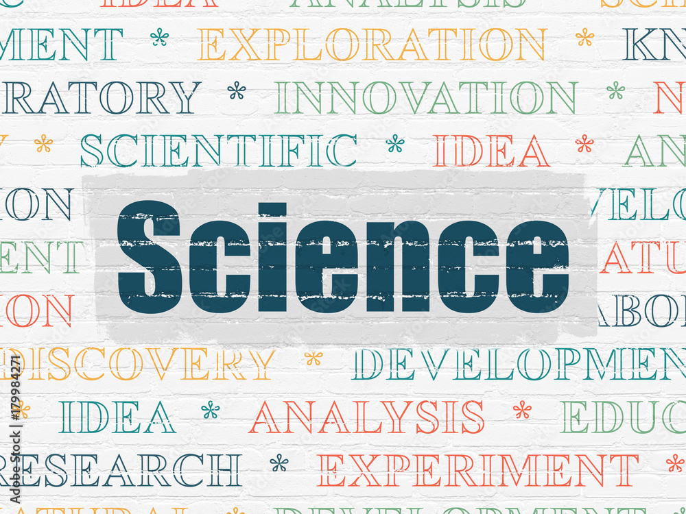 Science concept: Painted blue text Science on White Brick wall ...