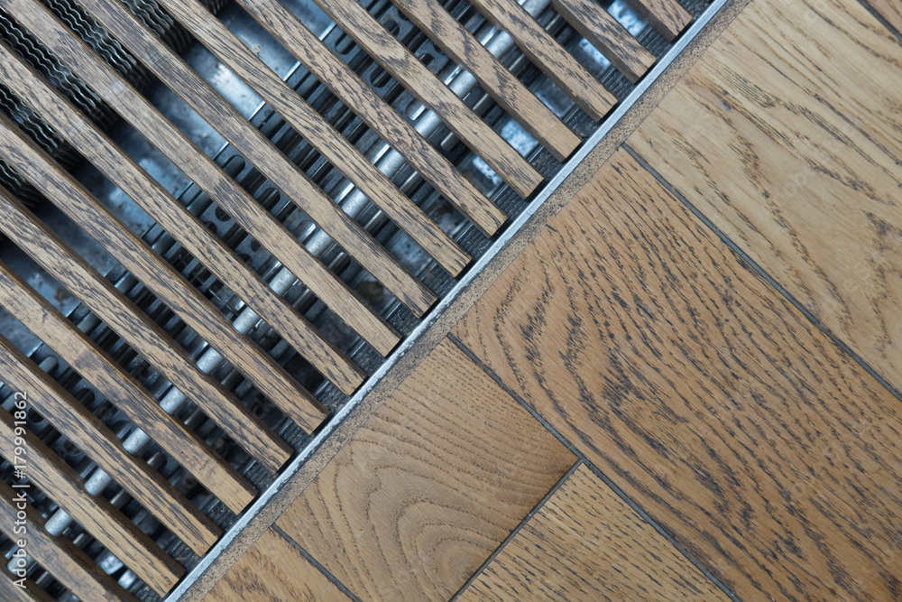 House drain grates, ventilation gratings, wooden floor. Stock Photo ...
