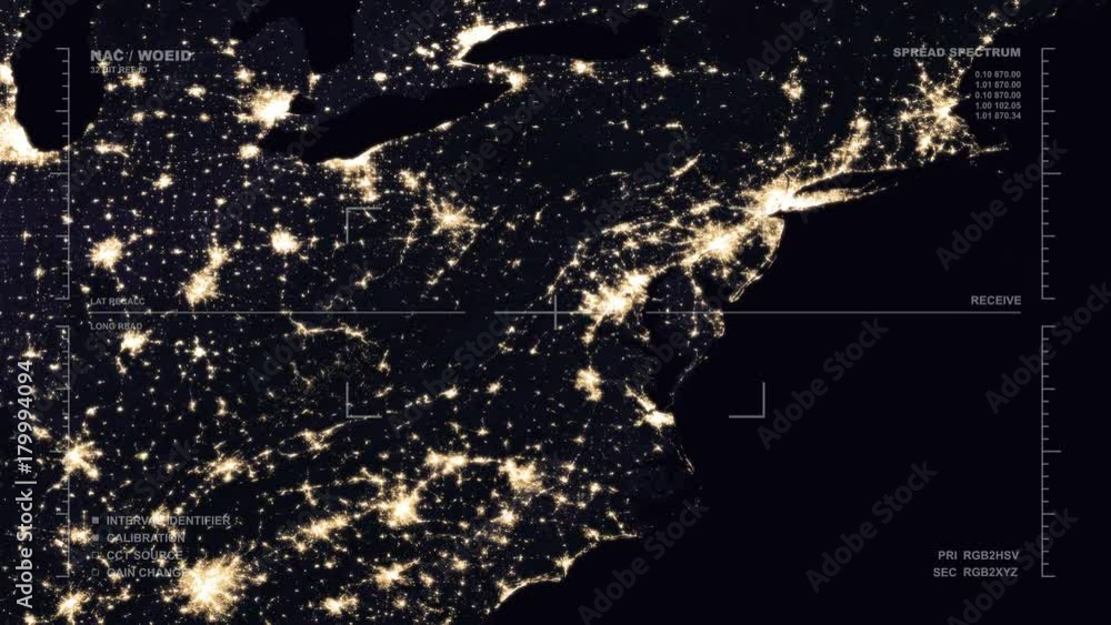 Nighttime aerial surveillance flyover of the US East Coast. Reversible ...